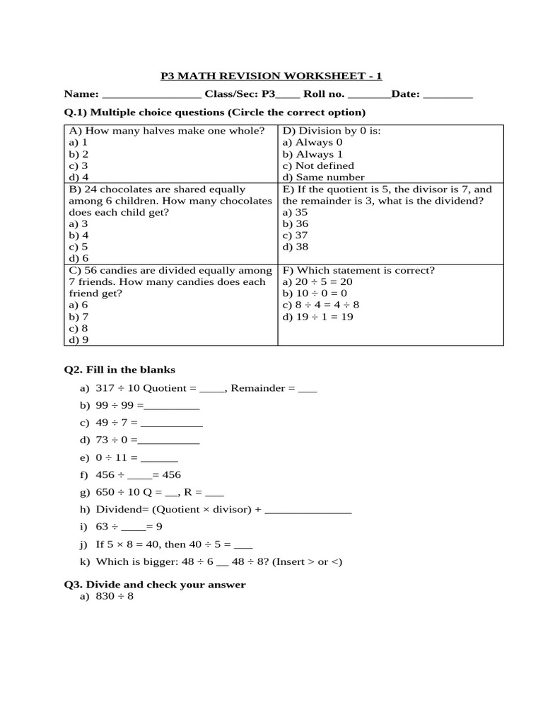 P3 Math Revision Worksheet - 1 (Division) | PDF
