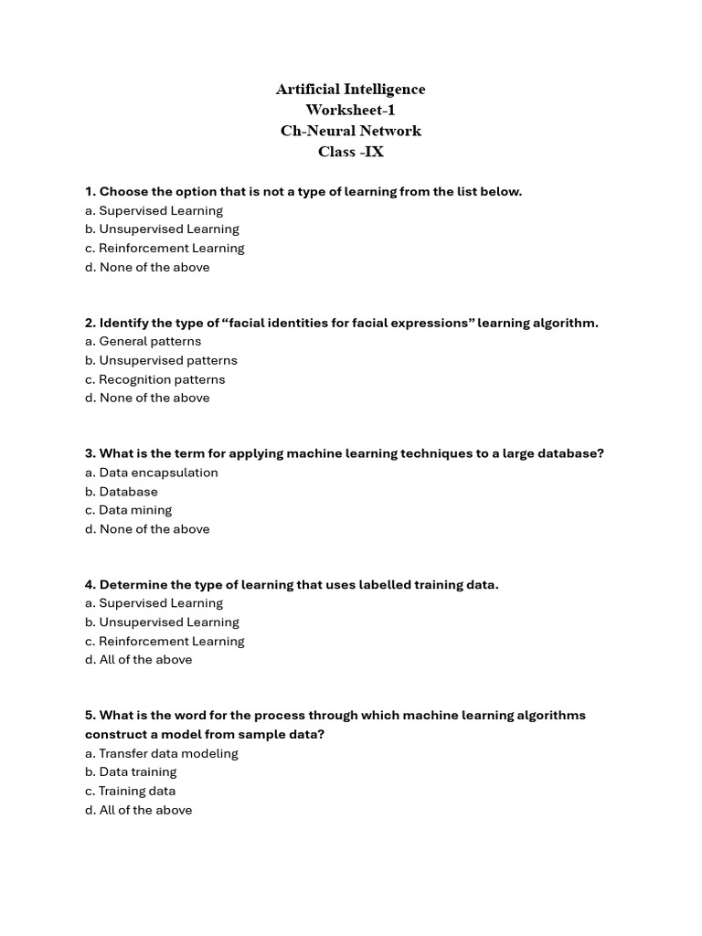 Class Ix Neural Network Worksheet | PDF | Machine Learning | Artificial ...