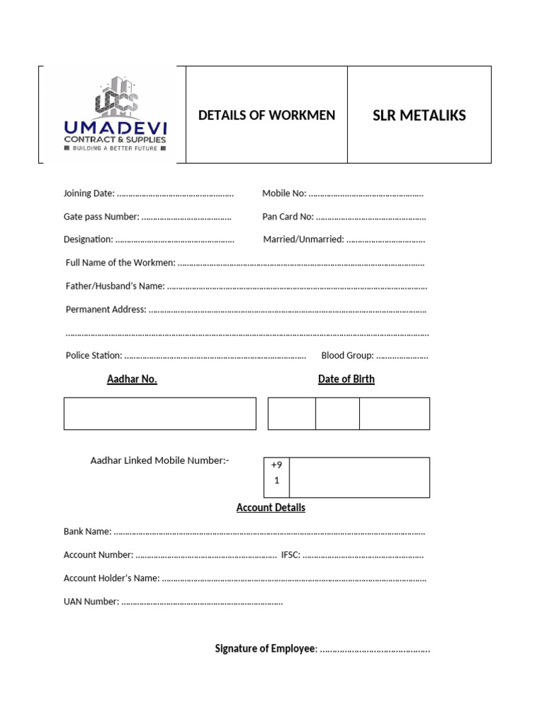 Workmen Details Form | PDF