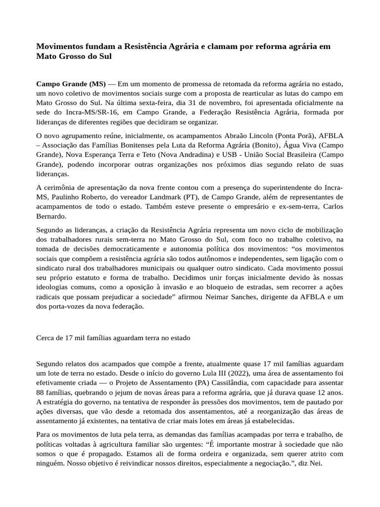 Movimentos Fundam a Resistência Agrária e Denunciam Paralisia Da ...