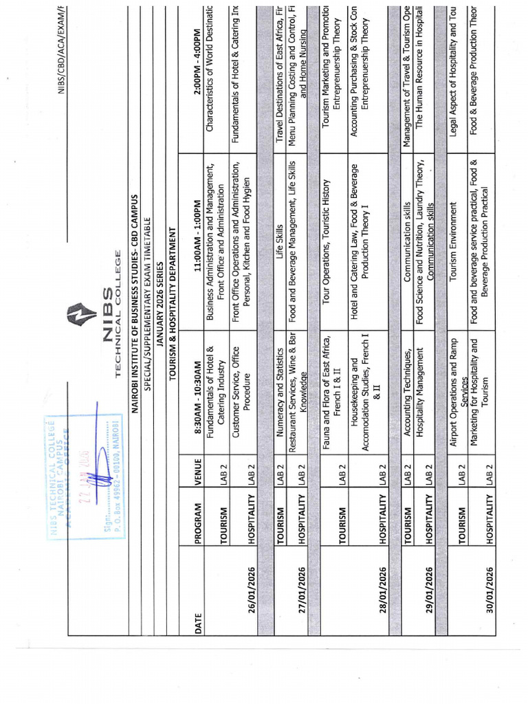Hospitality & Tourism Supp Timetable | PDF