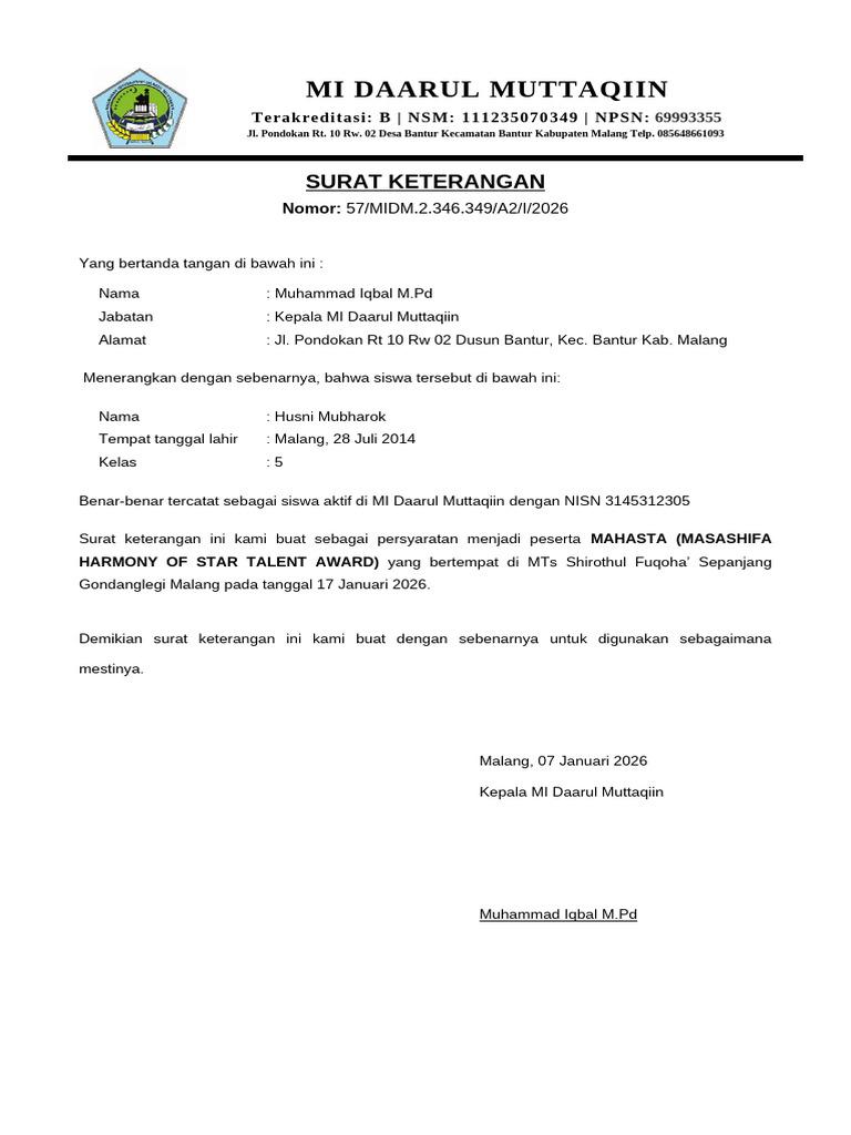 Surat Keterangan Aktif Husni Mubharok | PDF