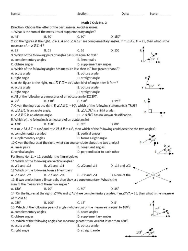 Quiz Measuring Angles and Types of Angles | PDF | Angle | Euclidean ...