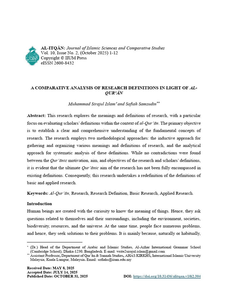 A Comparative Analysis of Research Definitions in Light of Alqur'Ān ...