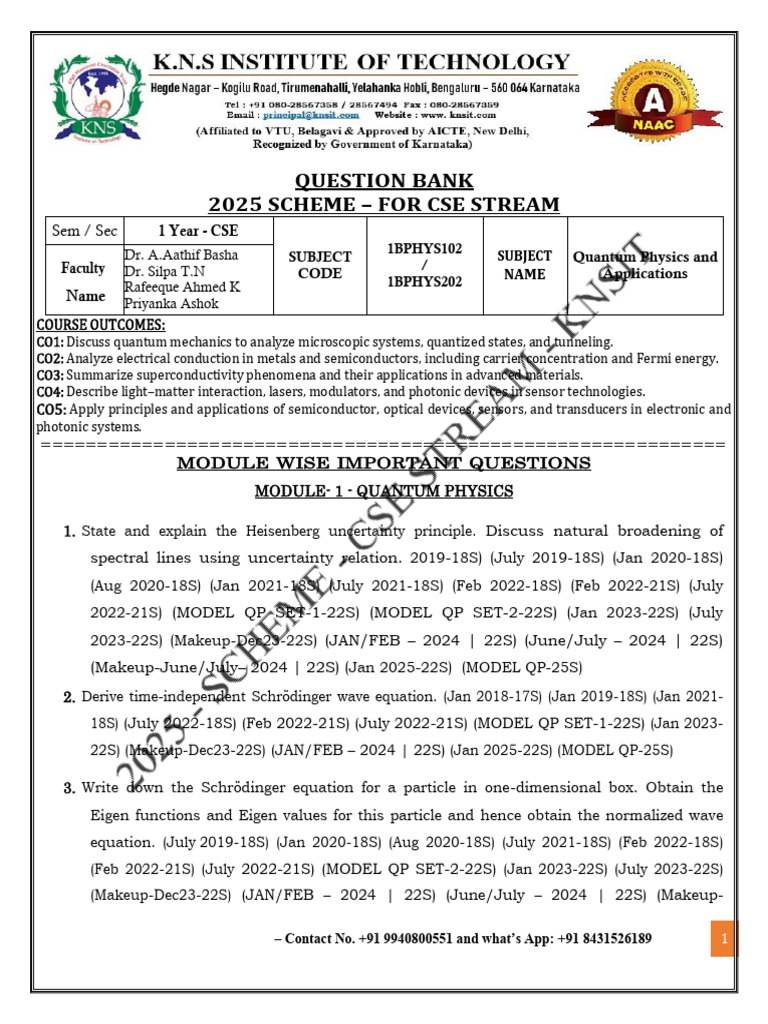 2025-Question Bank CSE - KRA - 260206 - 174854 | PDF | Wave Function ...
