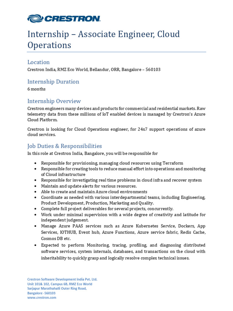 Crestron JD - Internship - Cloud Operations - 2026 | PDF | Cloud ...