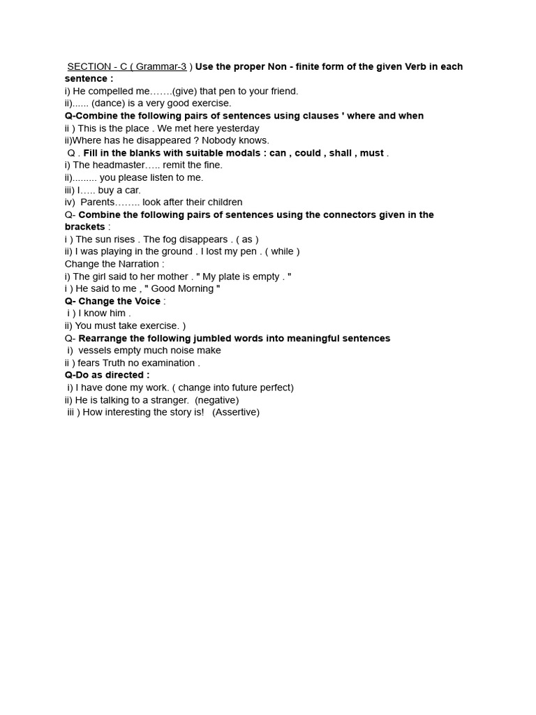 SECTION - C (Grammar-3) Use The Proper Non - Finite Form of The Given ...