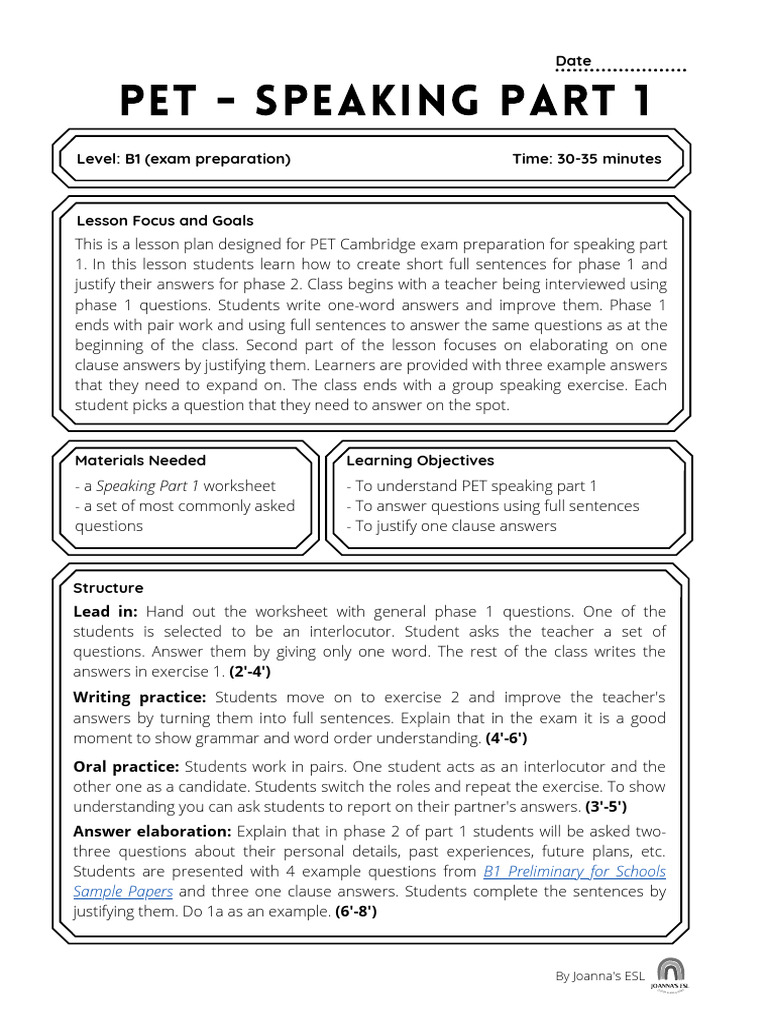 b1 Speaking Part 1 Lesson Plan | PDF | Question | Lesson Plan