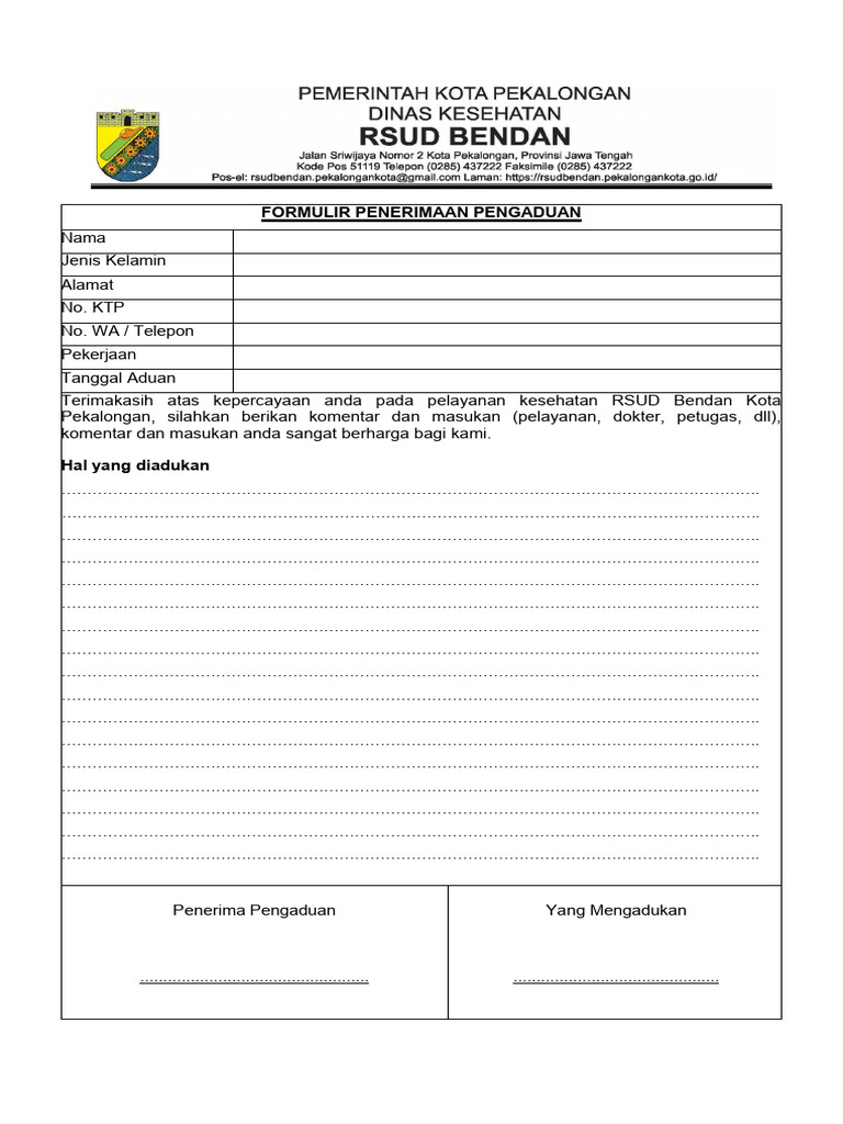 Contoh Formulir Penerimaan Pengaduan Rsud | PDF