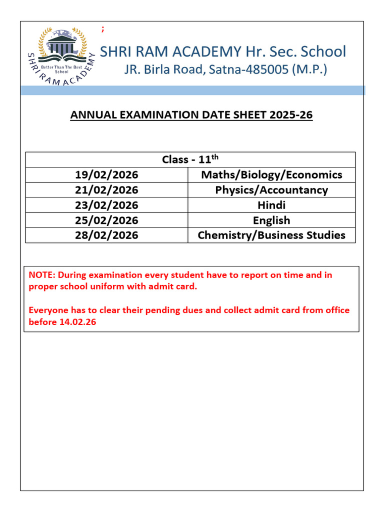 Class 11th Timetable Annual Examination 2025-26 | PDF