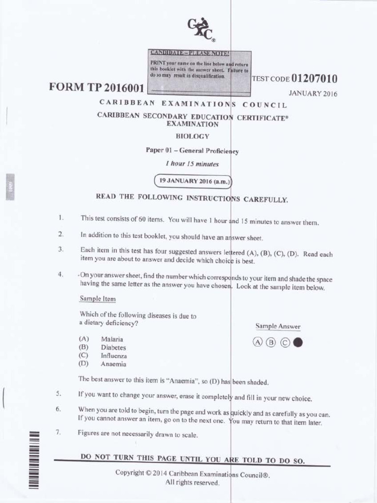 Csec Biology Jan 2016 p1 | PDF