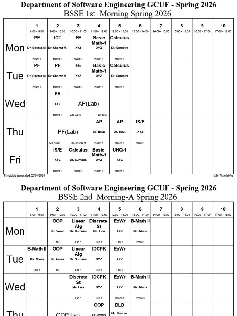 Updated All Classes Timetable SE Spring 2026 | PDF