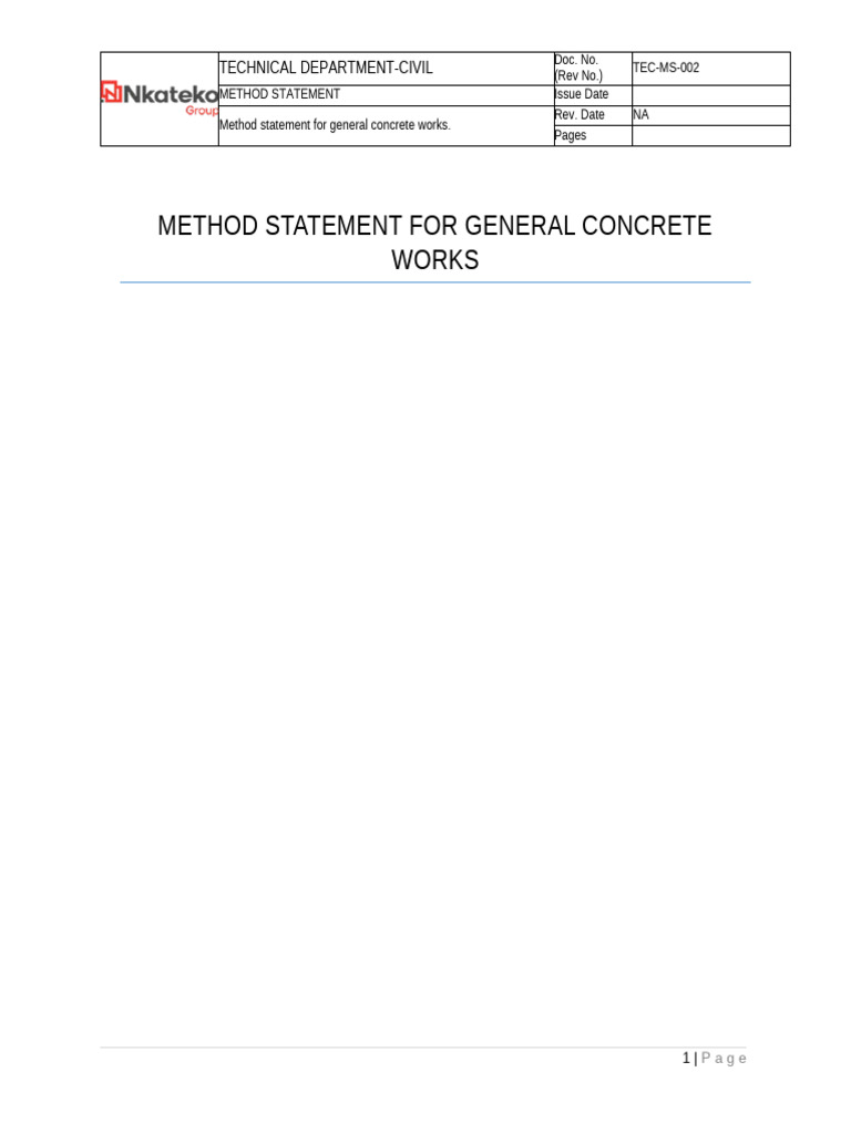 Method Statement For Ingula-Concrete Works | PDF | Concrete | Pipe ...