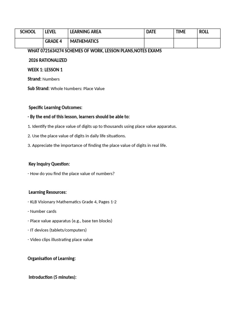 ? 2026 LESSON PLANS GR 4 Math Rationalized Mathematics Lesson Plans ...