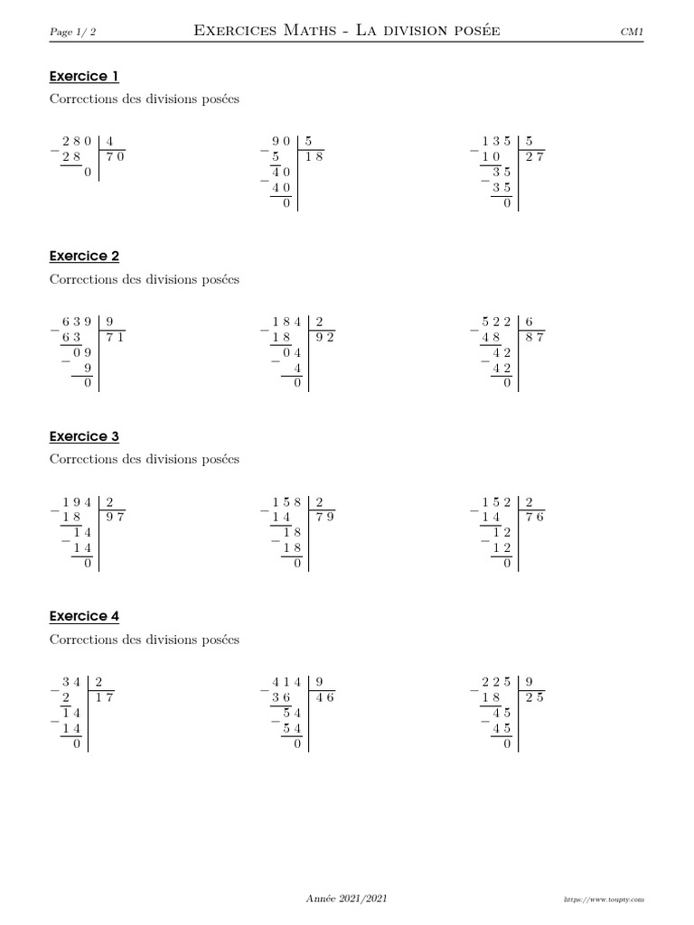 Division Posee cm1 1 Chiffre Sans Reste 5 Correction 2 | PDF