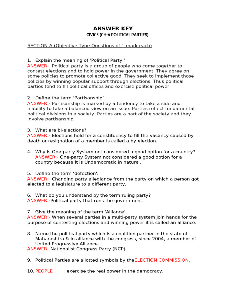 Class X Civics Chapter 6 Political Parties - KEY | PDF | Political ...