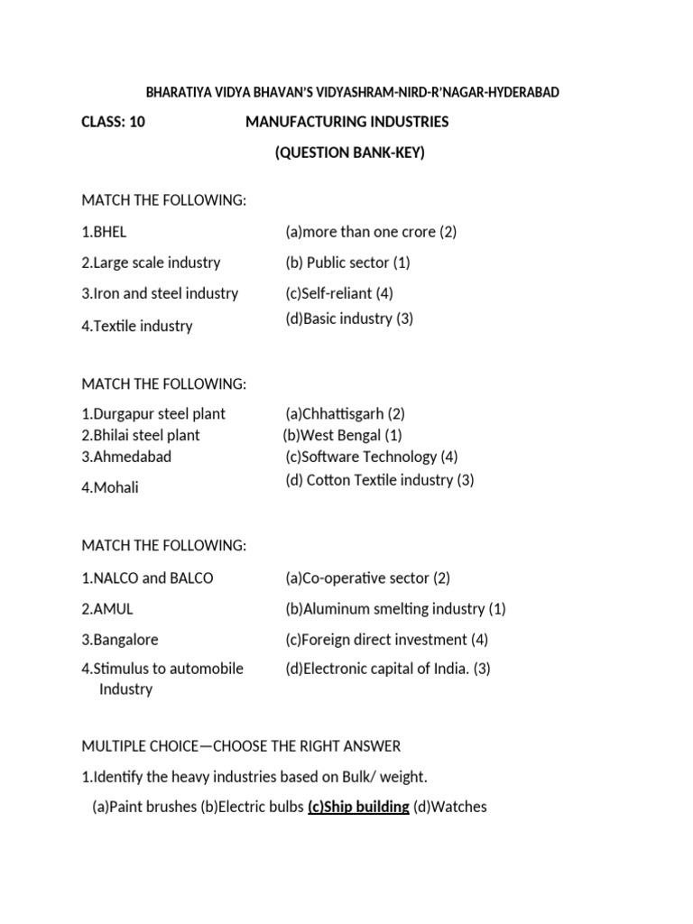 Class-10 Geo. Manufacturing Industries - Qs - Bank-Key | PDF | Steel ...