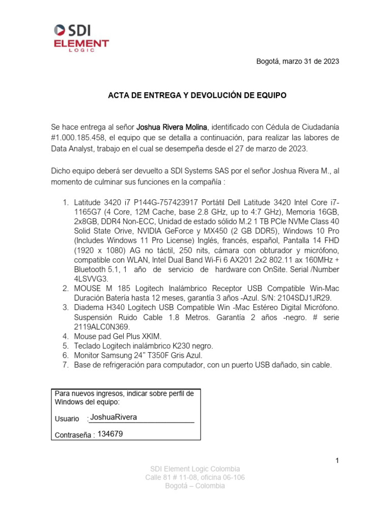 Acta de Entrega Devolucion Equipos JRivera 2 Firmada | PDF ...