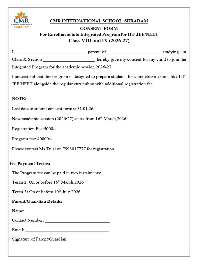 Consent Form For Enrollment Into Kshetra Class VIII-IX | PDF