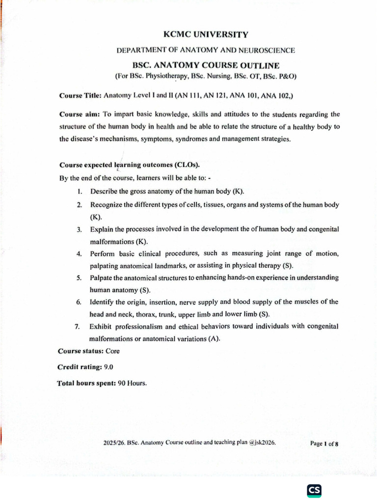 Anatomy Course Outline | PDF