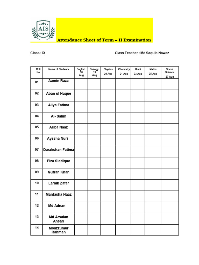 Attendance Class IX Term II | PDF