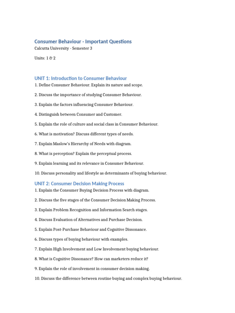 Consumer Behaviour Important Questions CU Sem3 | PDF