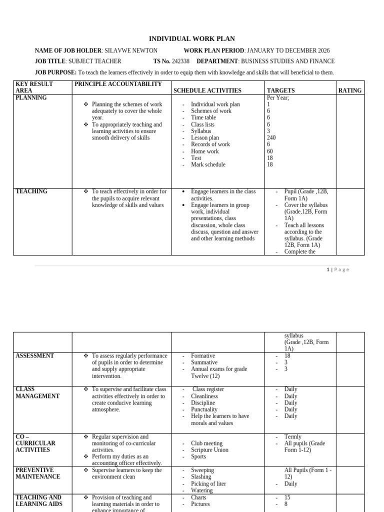 Individual Working Plan 2026 | PDF | Cognition | Teaching