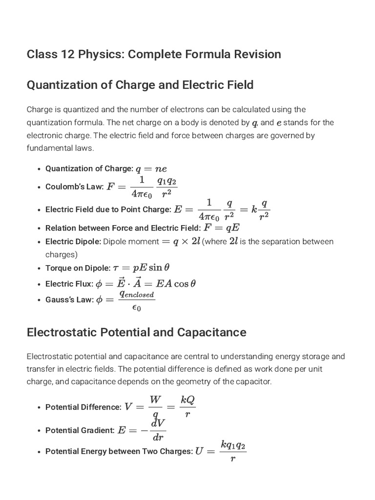 Class 12 Physics All Chapter Wise Formulas in One Shot Complete Formula ...