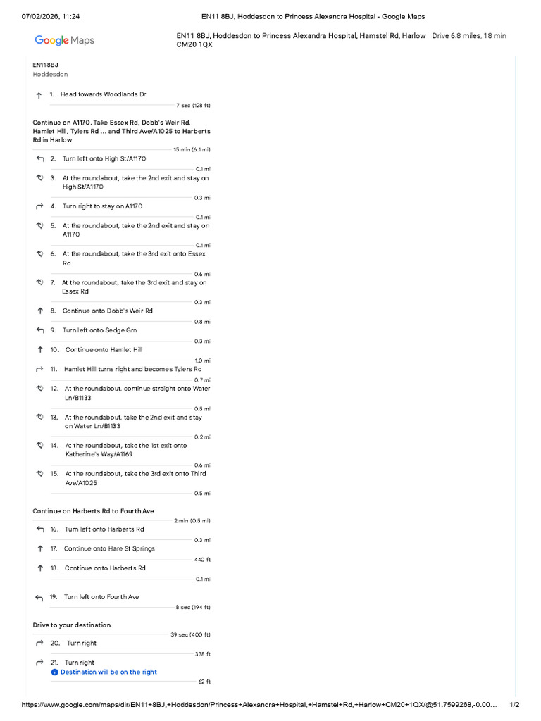 EN11 8BJ, Hoddesdon To Princess Alexandra Hospital Directions | PDF ...