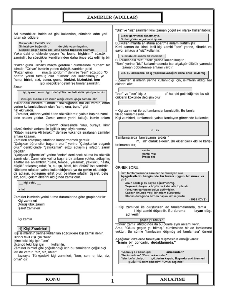 Zamirler-Konu Anlatımı | PDF