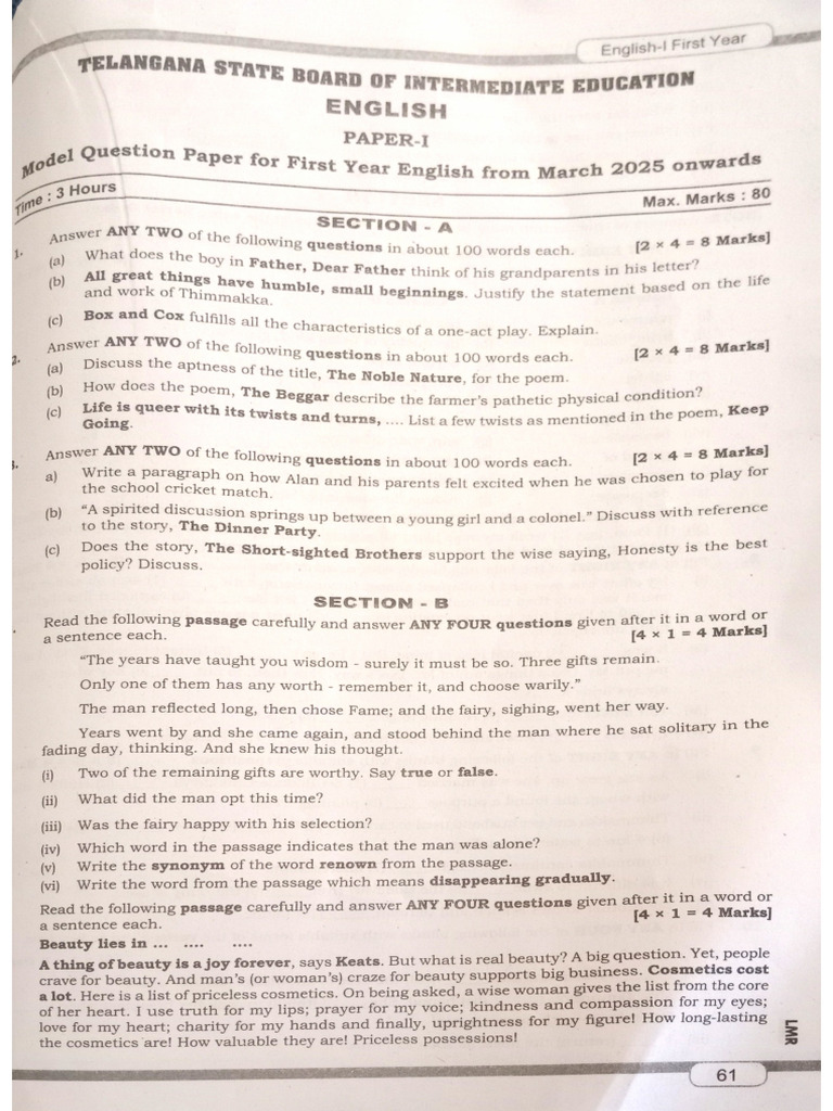 English 1st Yr Previous Model Papers | PDF