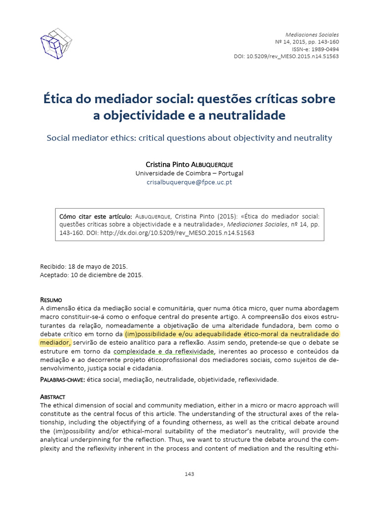 Ética Do Mediador Social: Questões Críticas Sobre A Objectividade e A ...