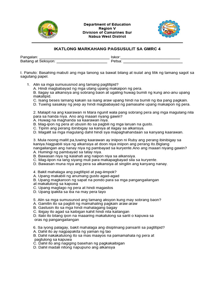 Ikatlong Buwanang Pagsusulit Sa GMRC 4 | PDF