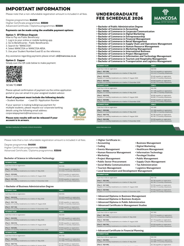 Final Intake One MANCOSA Undergraduate Fees 2026 New 001 | PDF ...