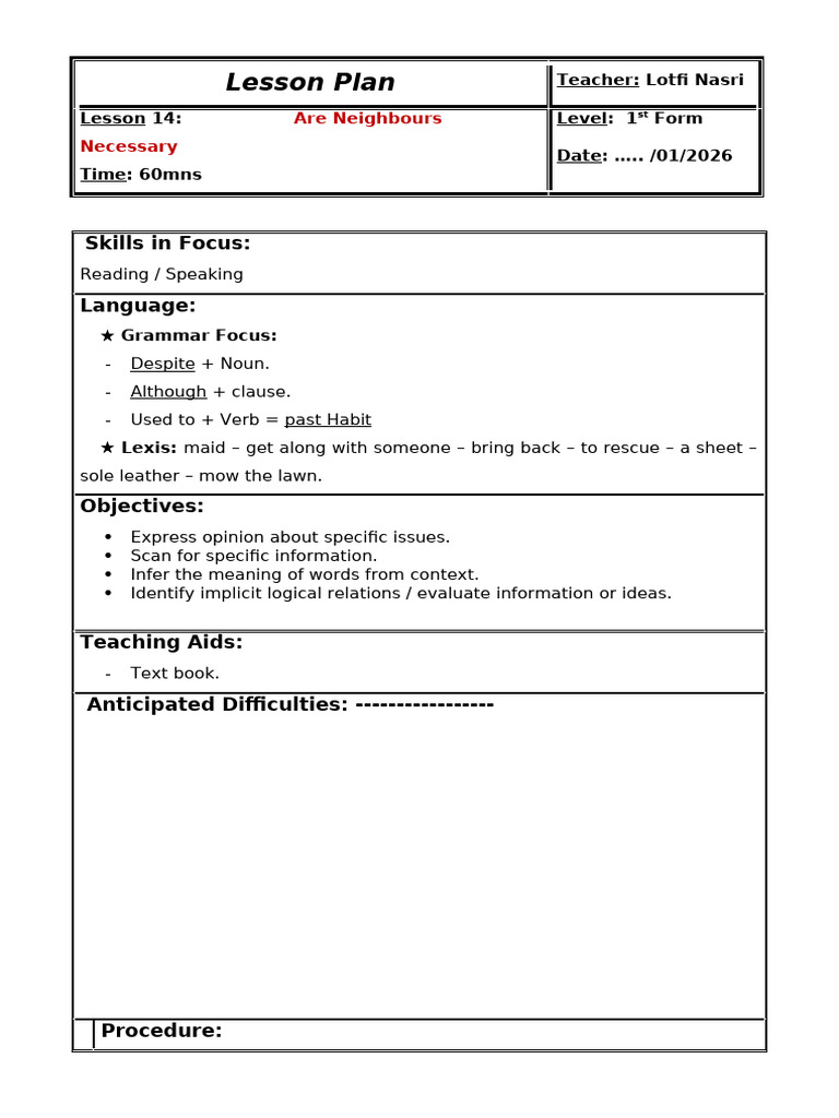 Lesson Plan 1st Form Lesson 14 Are Neighbours Necessary | PDF