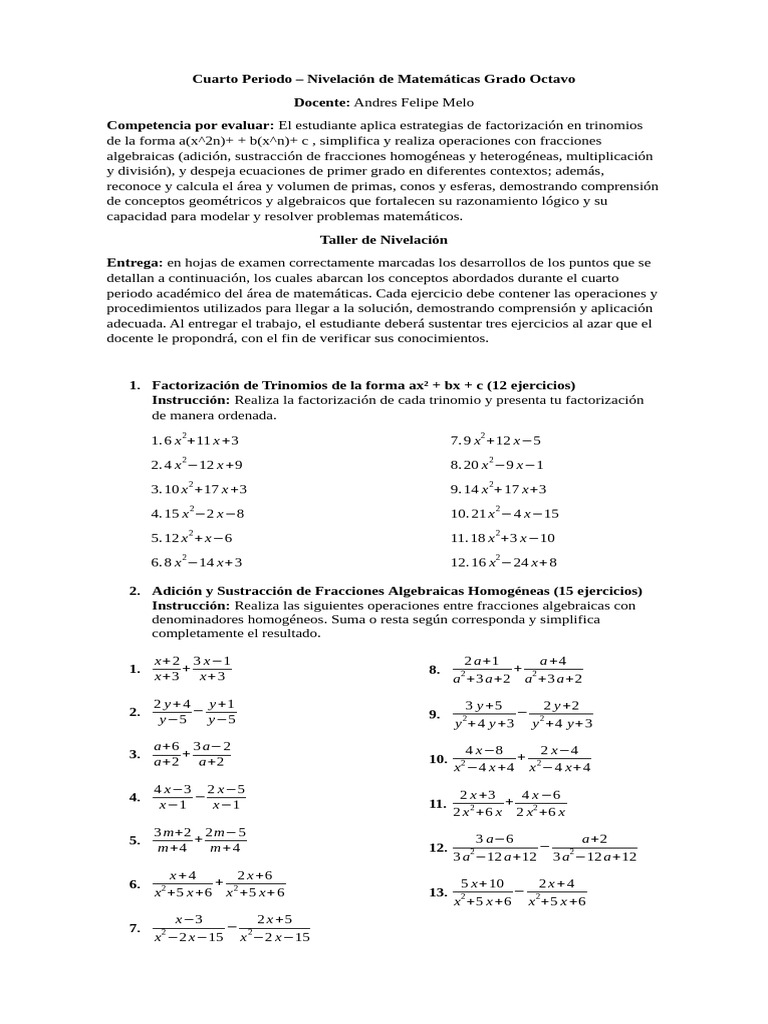 Cuarto Periodo - Nivelación de Matemáticas Grado Octavo | PDF ...