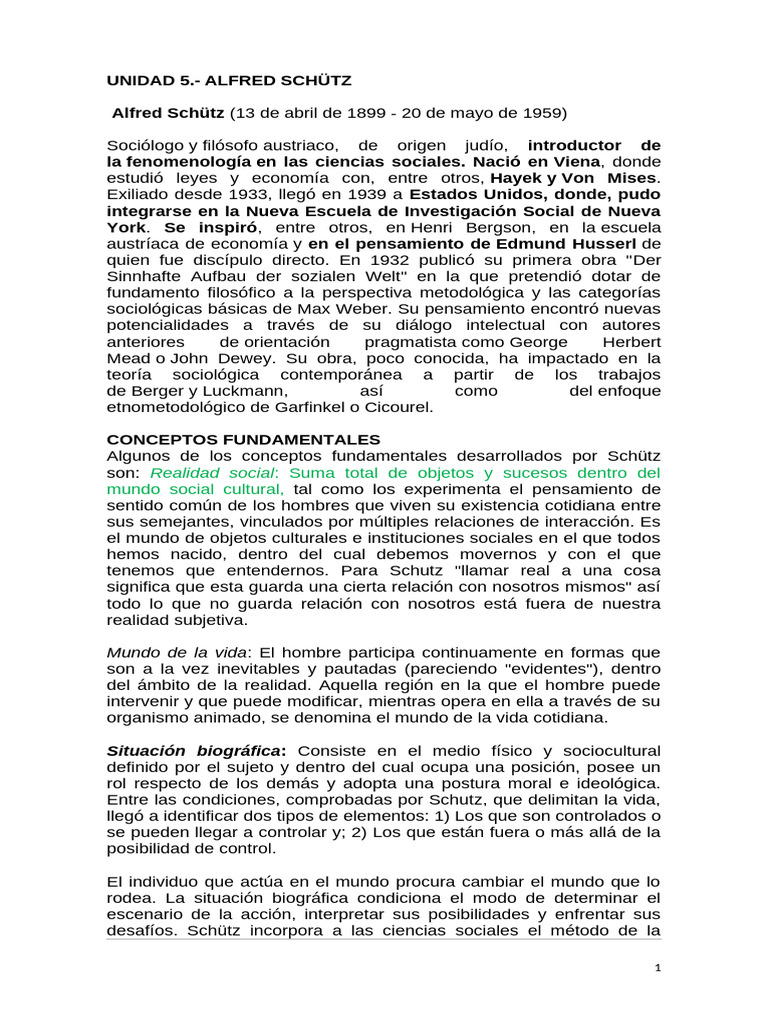 UNIDAD 5. ALFRED SCHÜTZ | PDF | Realidad | Ciencias del comportamiento