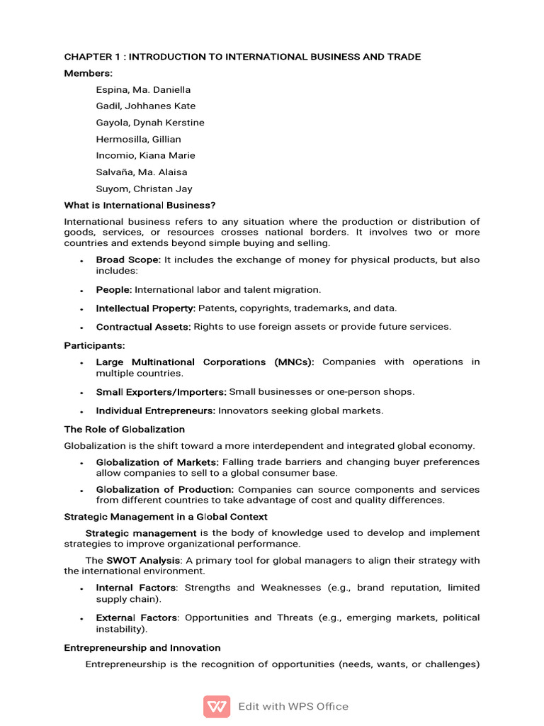 Handout Chapter 1 Introduction To International Business and Trade ...