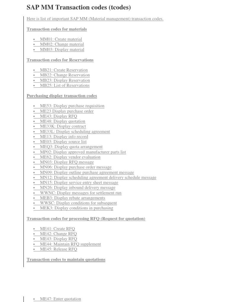 SAP MM Transaction Codes | PDF | Invoice | Business