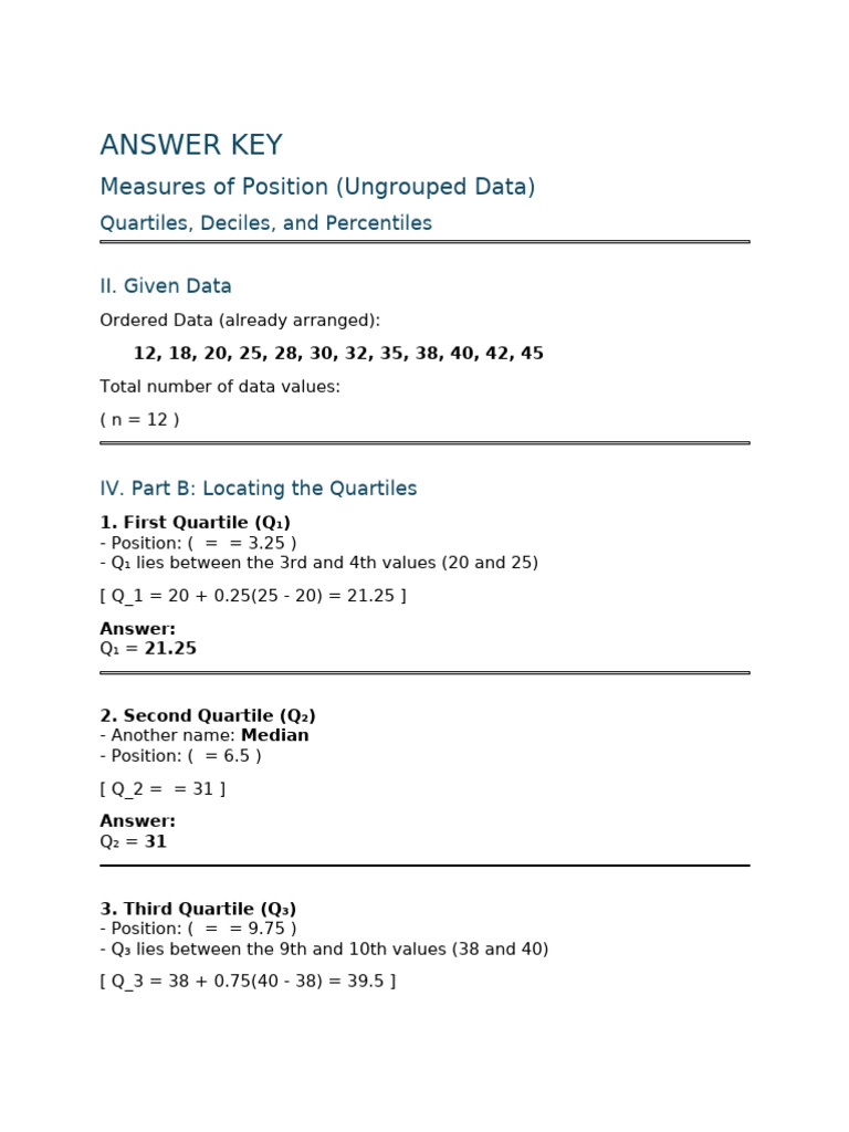 Answer Key - Measures of Position Worksheet | PDF | Percentile | Quartile
