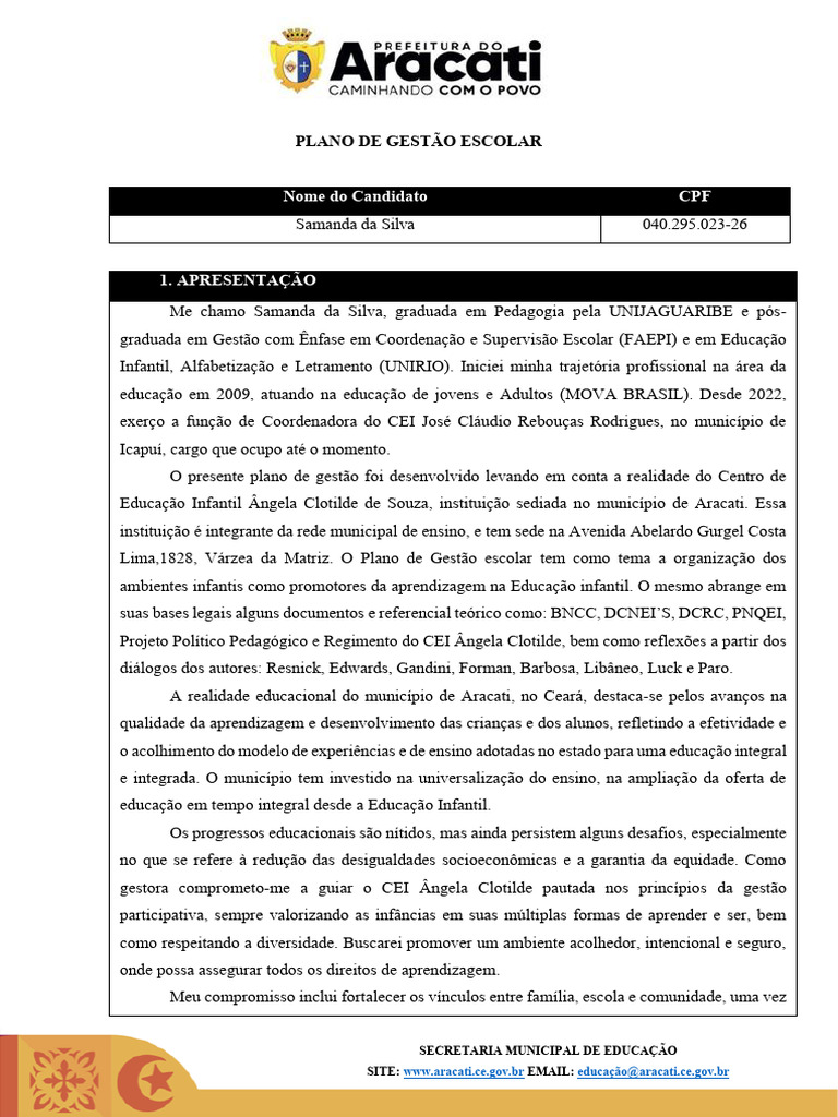 Plano de Gestão Samanda Da Silva | PDF | Pedagogia | Aprendizado