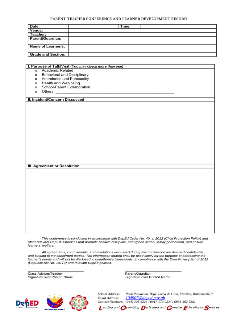 Parent Teacher Conference Template | PDF