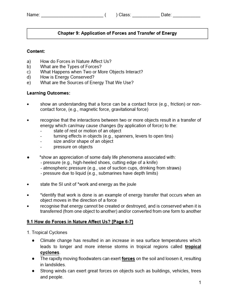 Chapter 9 Application of Forces and Transfer of Energy Notes - Teachers ...