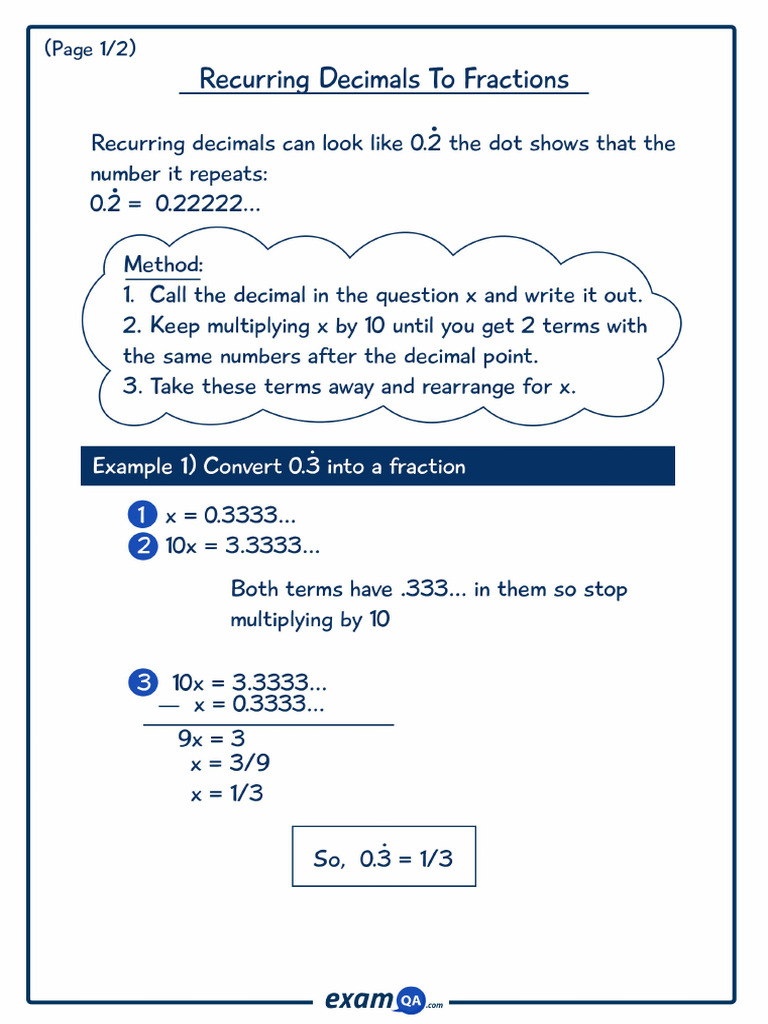 Recurring Decimals to Fractions Notes | PDF