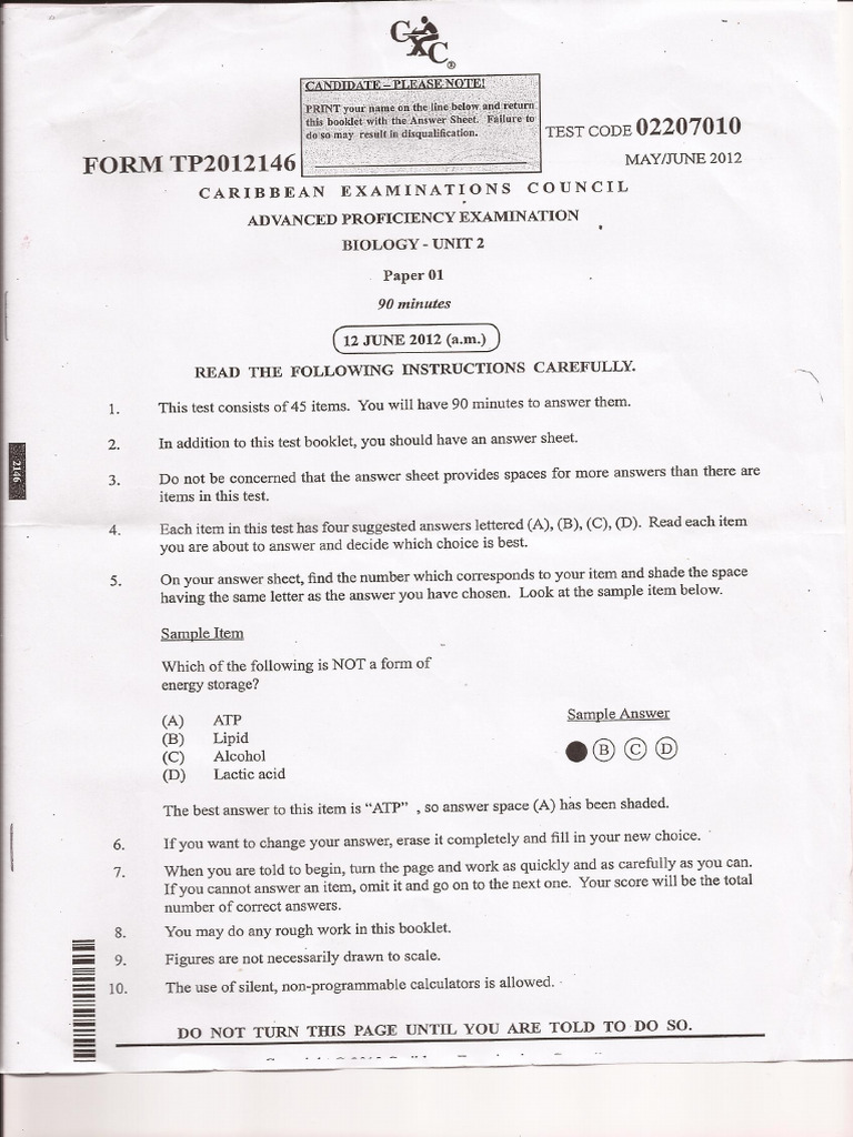 CAPE Biology 2012 U2 P1 Solutions | PDF