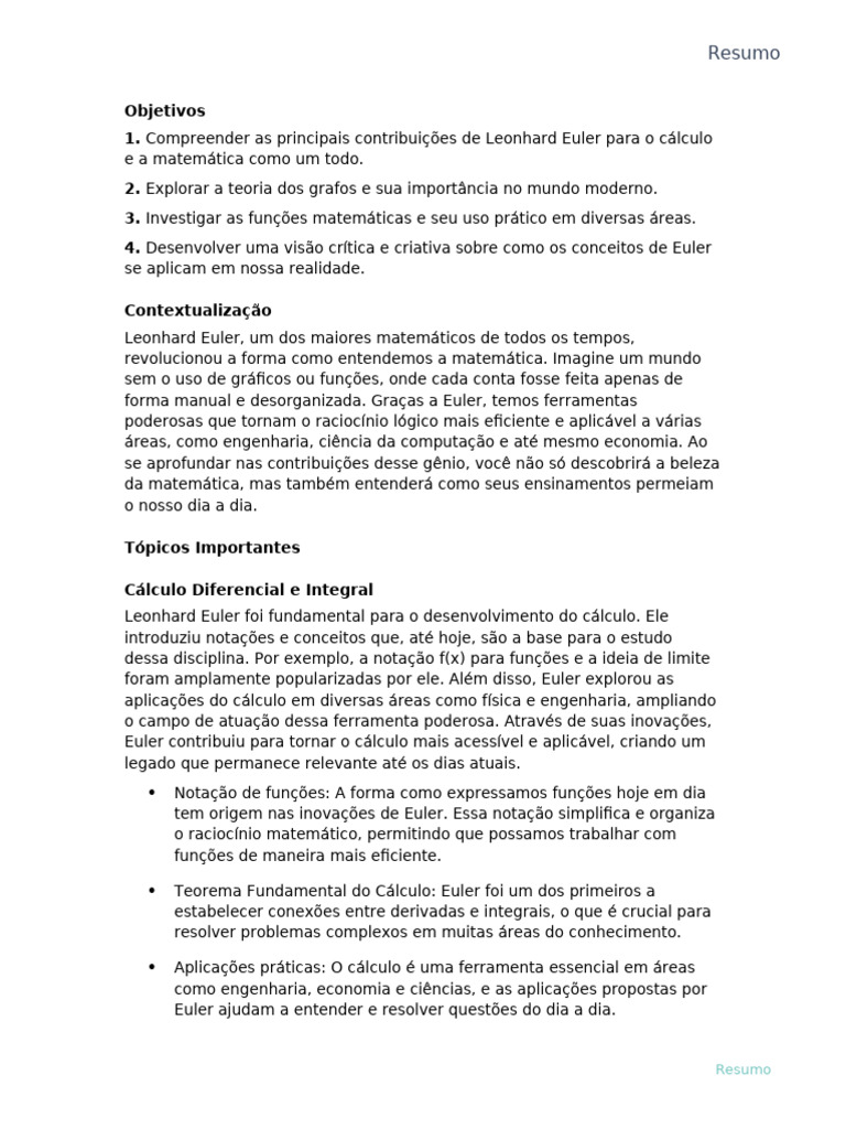 Resumo Sobre as Contribuicoes de Leonhard Euler | PDF | Matemática ...