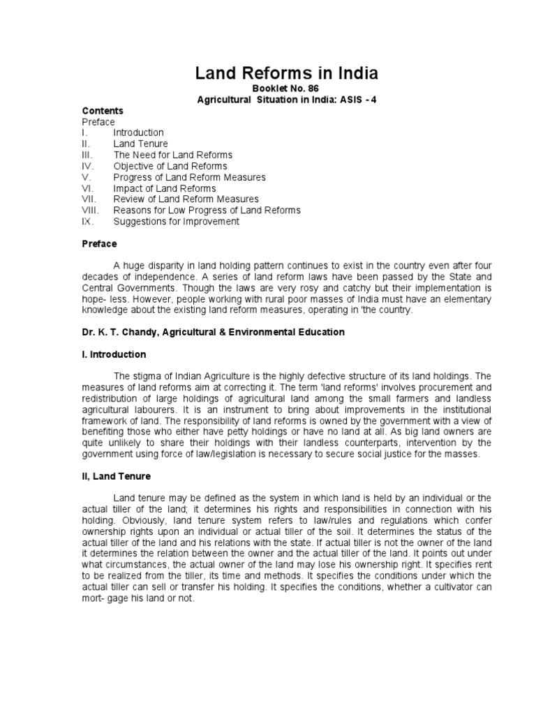Progress of Land Reforms in India: Objectives, Measures Implemented and ...