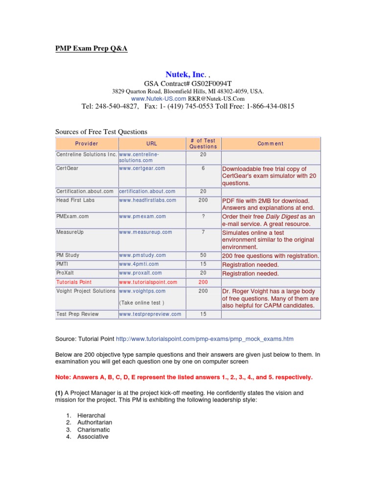 PMP Sample Papers | PDF | Project Management | Request For Proposal