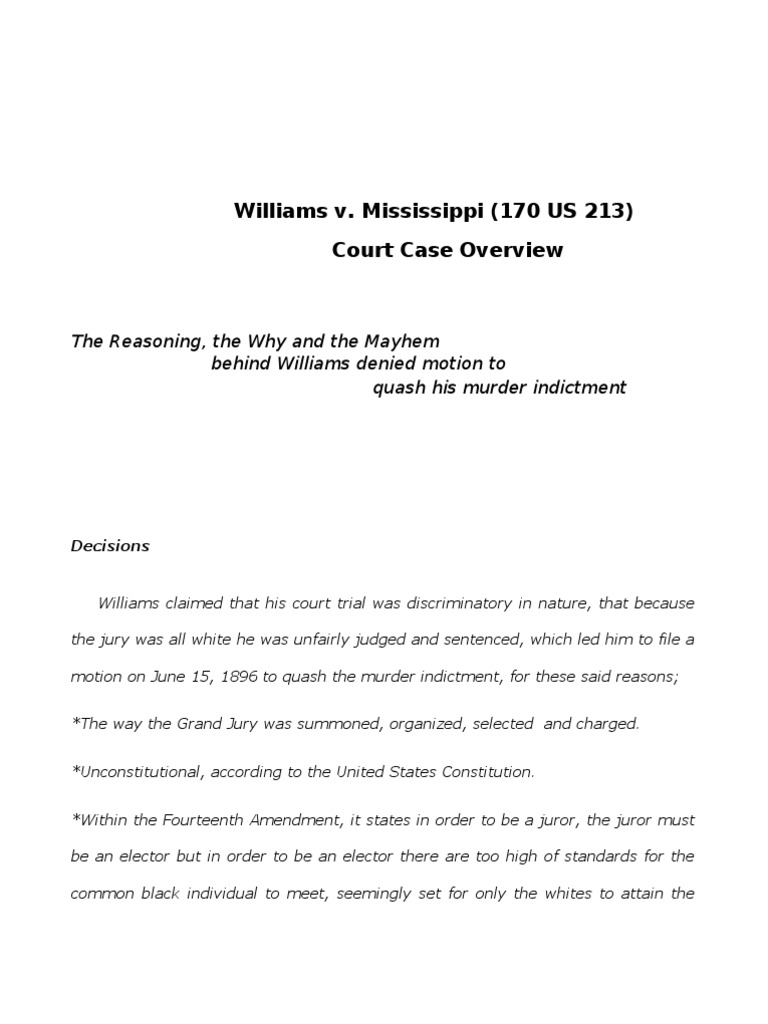 Williams v. Mississippi (170 US 213) Overview | PDF | United States ...