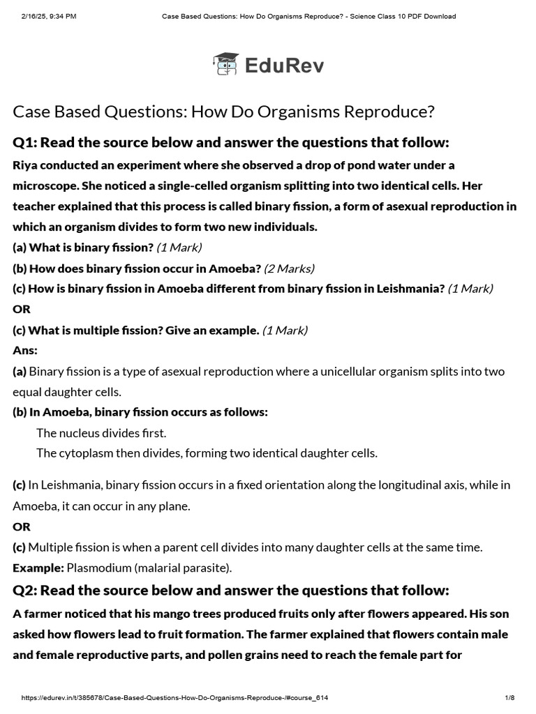Case Based Questions - How Do Organisms Reproduce - Science Class 10 ...